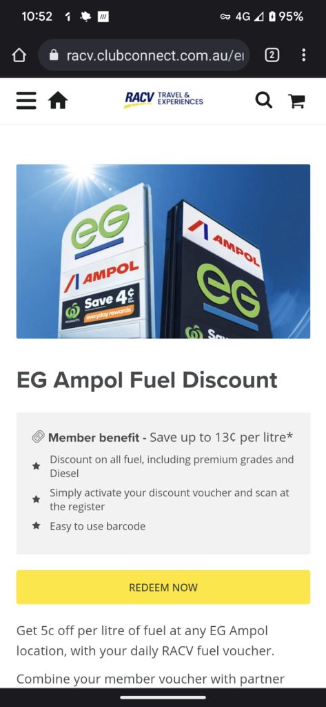 Member of the RACV? Get an extra 5c off per litre of petrol at all EG ...
